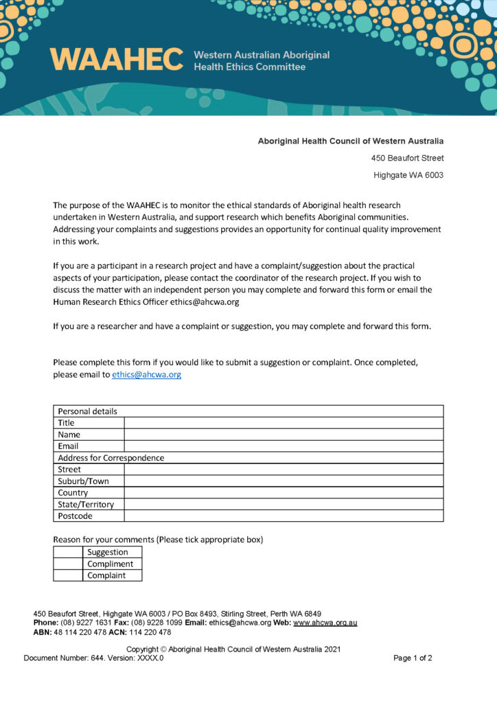 Western Australian Aboriginal Health Ethics Committee – AHCWA